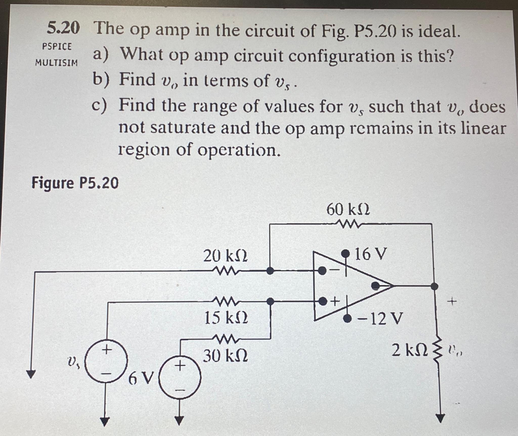 Solved 5.20 ﻿The op amp in the circuit of Fig. P5.20 ﻿is | Chegg.com