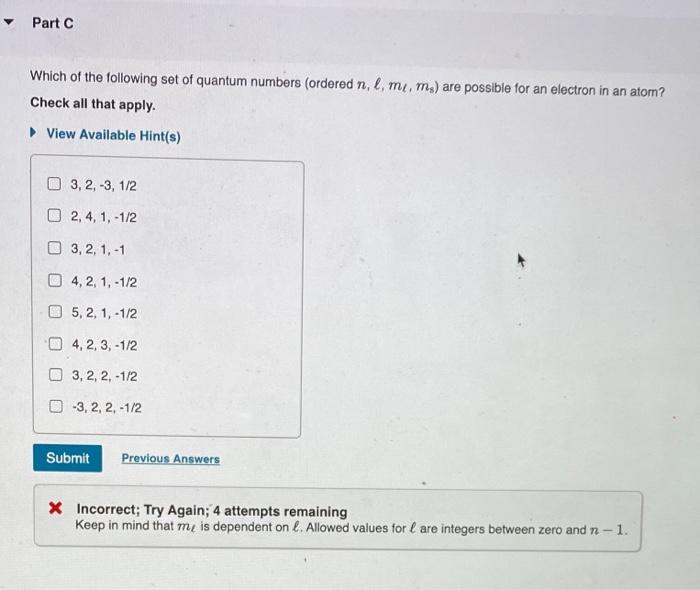Solved Part 6 Which of the following set of quantum numbers | Chegg.com