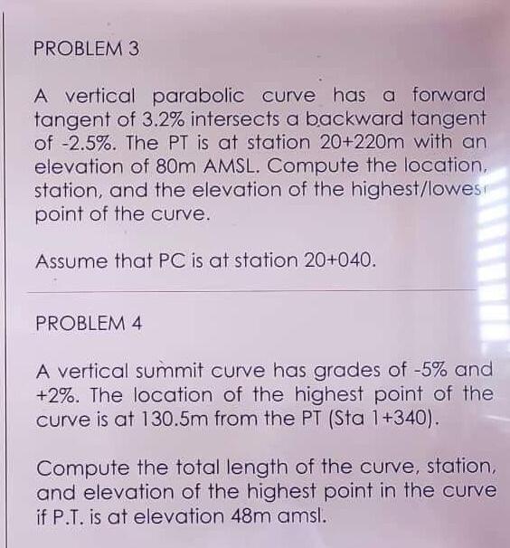 Solved PROBLEM 3 A vertical parabolic curve has a forward | Chegg.com