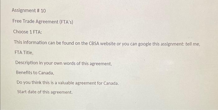 Solved Assignment \# 10 Free Trade Agreement (FTA's) Choose | Chegg.com