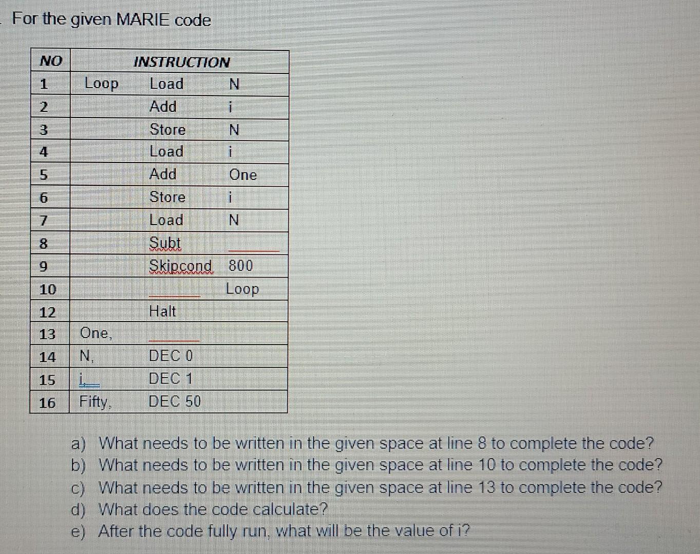 Solved For the given MARIE code NO Loop 2 3 4 5 INSTRUCTION | Chegg.com