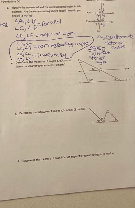 Solved Foundations 20 1. Identify the transversal and the | Chegg.com