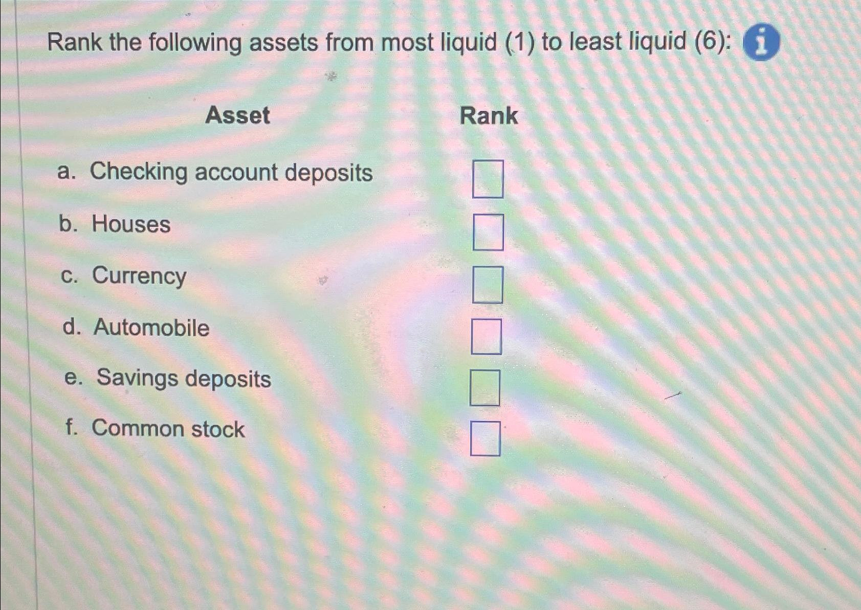 Solved Rank the following assets from most liquid (1) ﻿to | Chegg.com