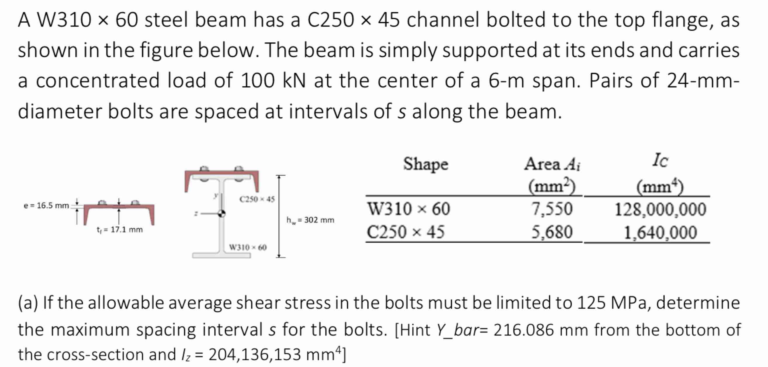 Solved A W310 ×60 ﻿steel beam has a C250 ×45 ﻿channel bolted | Chegg.com
