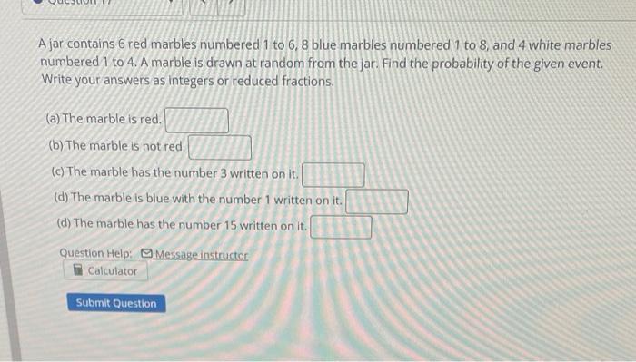 Solved A jar contains 6 red marbles numbered 1 to 6,8 blue | Chegg.com