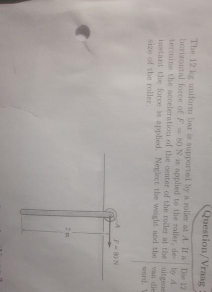 Solved Question/Vraag The 12 kg uniform bar is supported by | Chegg.com