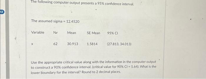 Solved The following computer output presents a 95% | Chegg.com