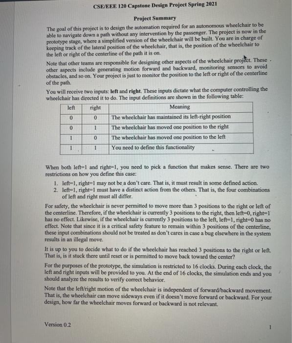 CSE/EEE 120 Capstone Design Project Spring 2021 | Chegg.com