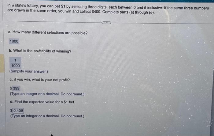In a state's lottery, you can bet $1 by selecting | Chegg.com