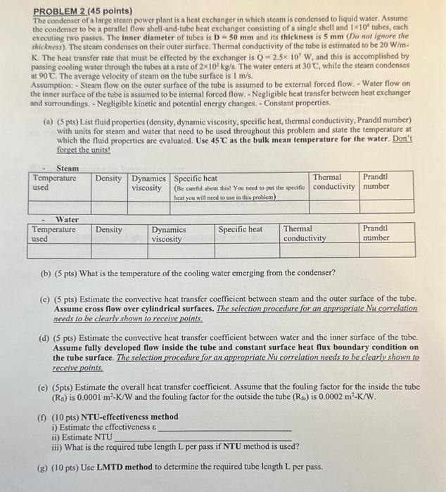 Solved PROBLEM 2 (45 points) The condenser of a large steam | Chegg.com