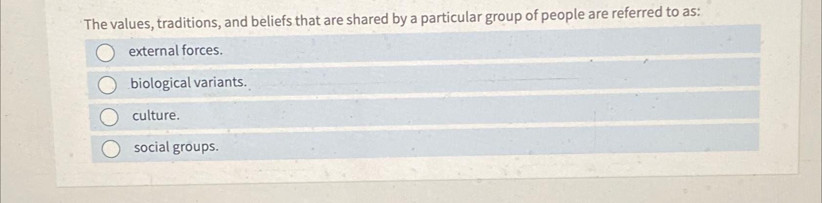 Solved The values, traditions, and beliefs that are shared | Chegg.com