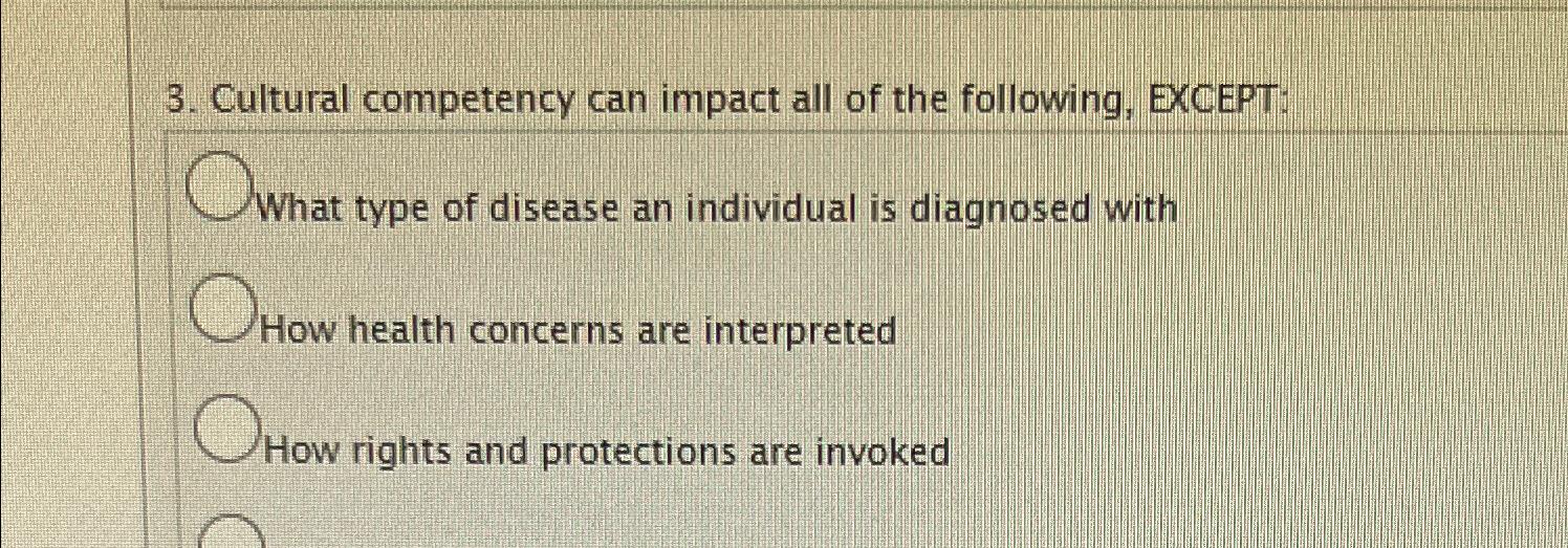 Solved Cultural competency can impact all of the following, | Chegg.com