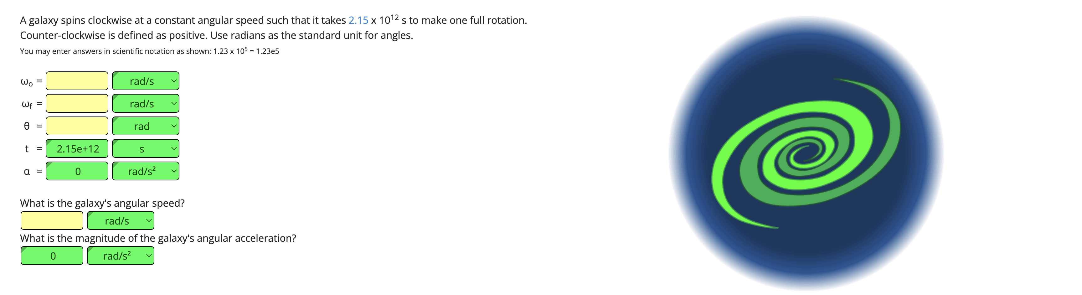 Solved A galaxy spins clockwise at a constant angular speed | Chegg.com