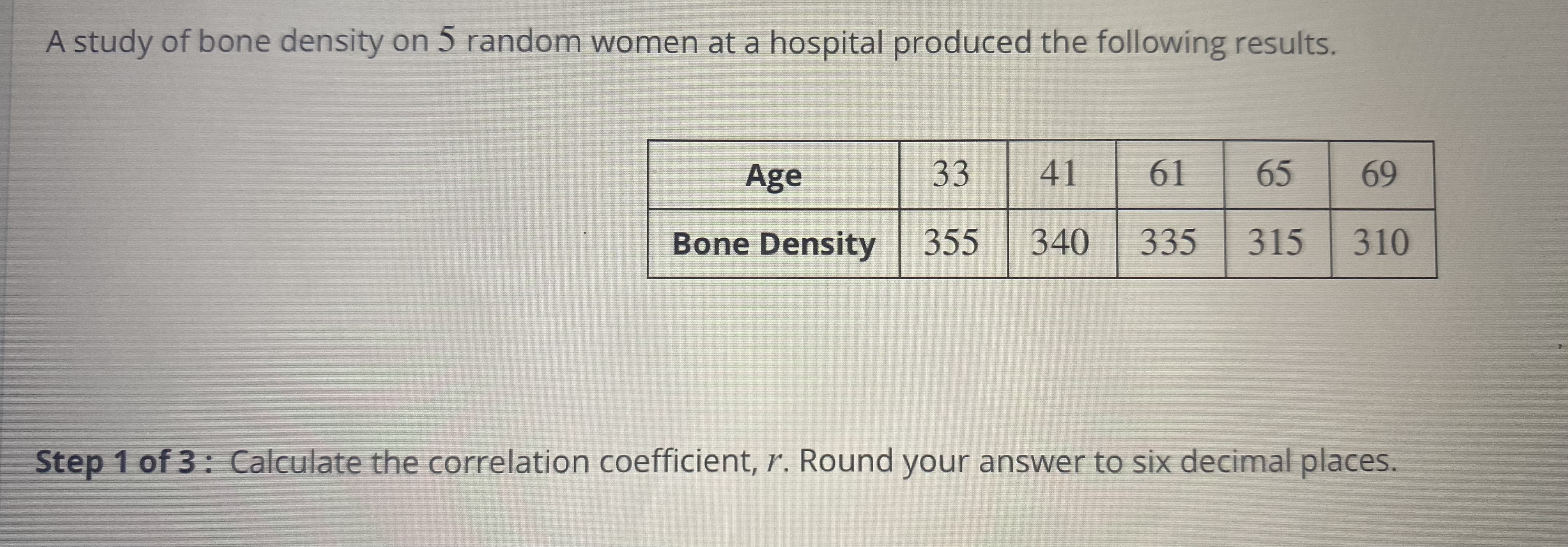 Solved A study of bone density on 5 ﻿random women at a | Chegg.com