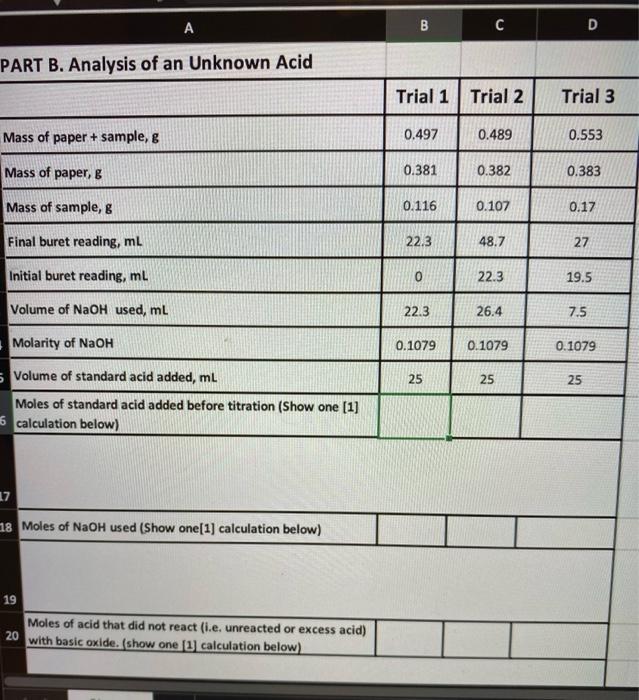 A B с D PART B. Analysis of an Unknown Acid Trial 1 | Chegg.com
