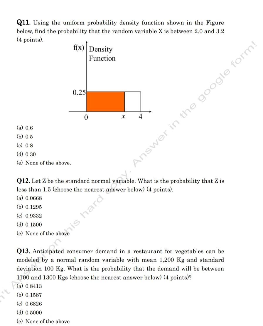 Solved Q11. Using the uniform probability density function | Chegg.com