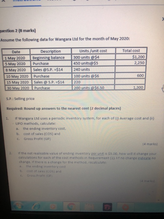 Solved question 2 (8 marks) Assume the following data for | Chegg.com