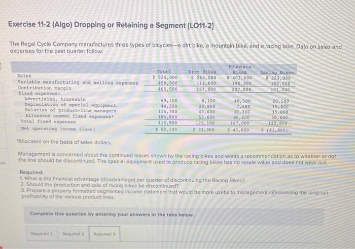Solved Exercise 11-2 (Algo) Dropping or Retaining a Segment | Chegg.com