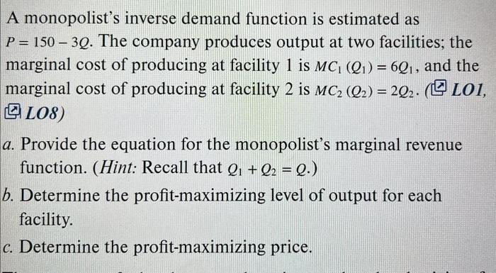 Solved A monopolist's inverse demand function is estimated | Chegg.com