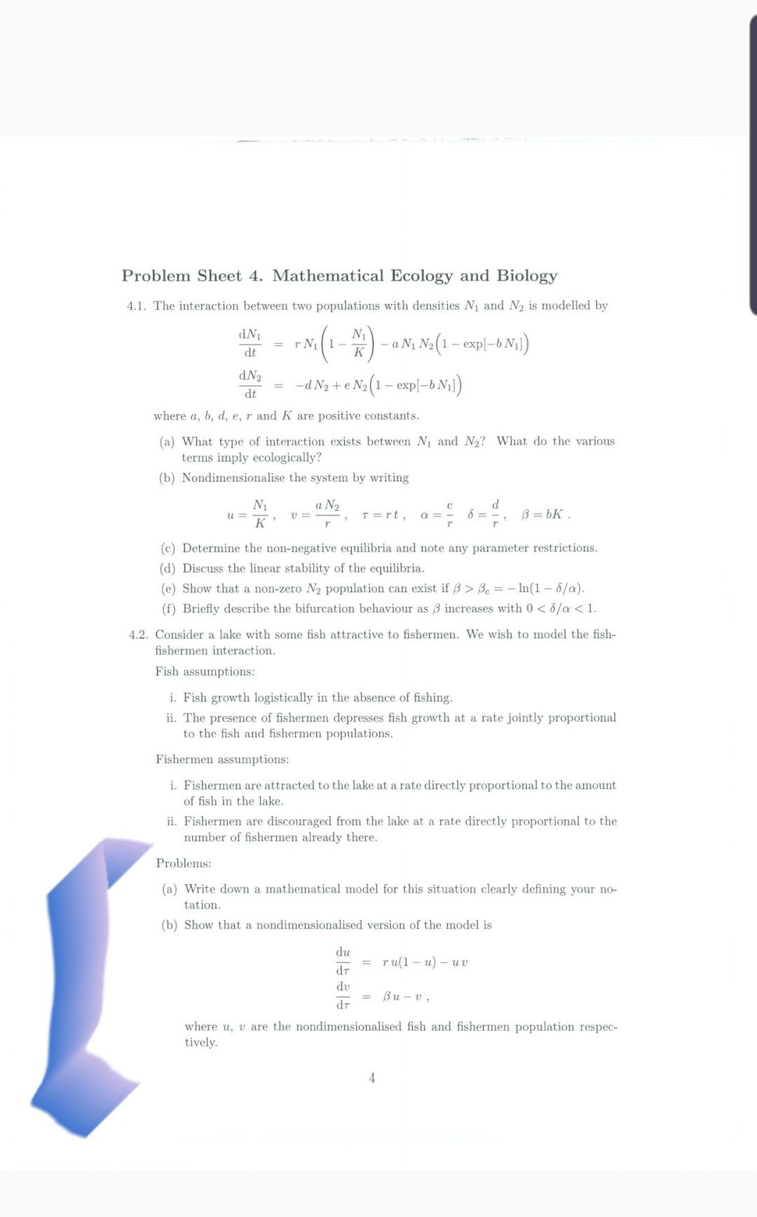Solved Problem Sheet 4. Mathematical Ecology and Biology | Chegg.com