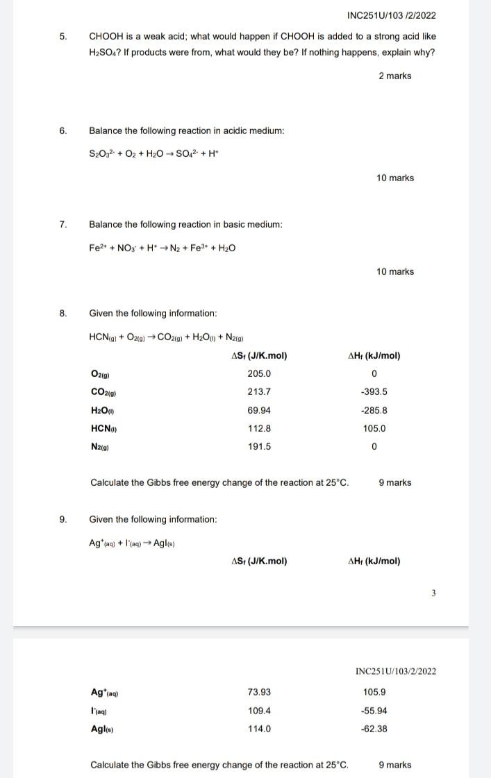 Solved INC251U/103/2/2022 5. CHOOH is a weak acid; what | Chegg.com
