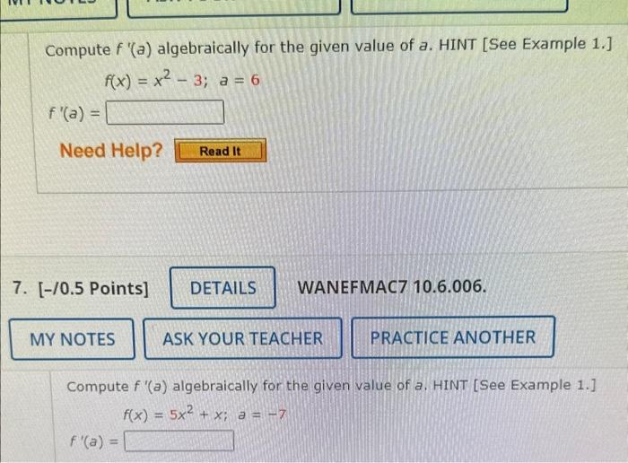 Solved Compute f′(a) algebraically for the given value of a. | Chegg.com
