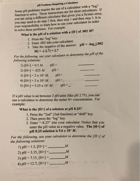 Solved pH Problems Requiring a Calculator Some pH problems | Chegg.com