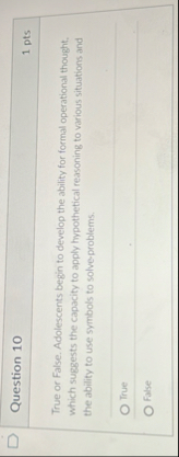 Solved Question 101 ﻿ptsTrue or False. Adolescents begin to | Chegg.com