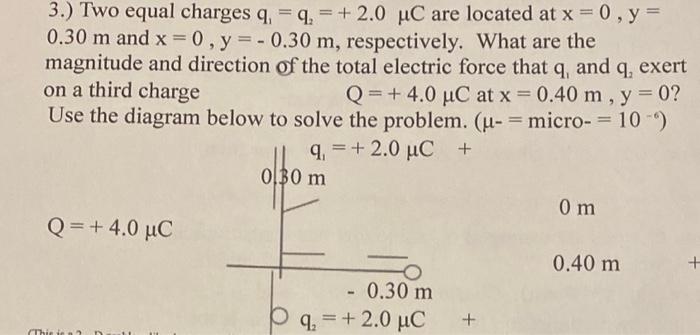 Solved 3.) Two equal charges q1=q2=+2.0μC are located at | Chegg.com
