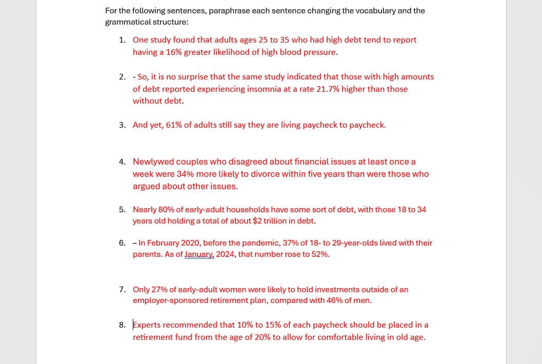 Solved For the following sentences, paraphrase each sentence | Chegg.com