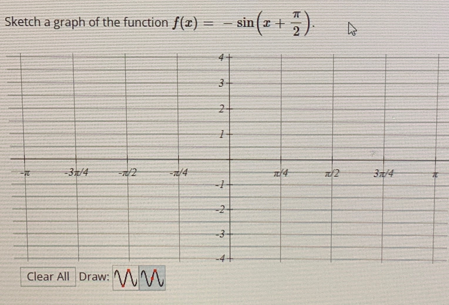 Solved Sketch a graph of the function f(x)=-sin(x+π2).Clear | Chegg.com
