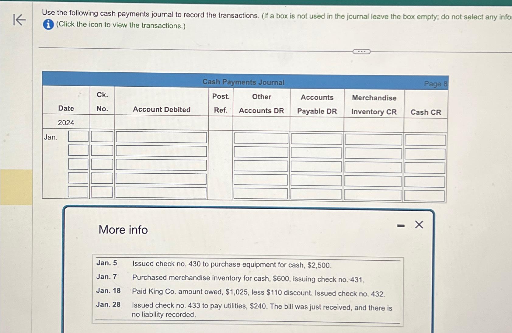 Solved Use the following cash payments journal to record the | Chegg.com