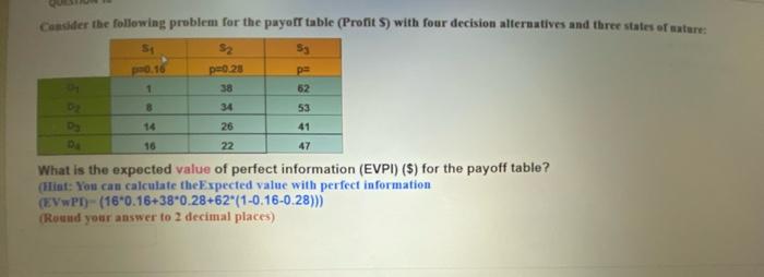 Solved Consider the following problem for the payoff table | Chegg.com