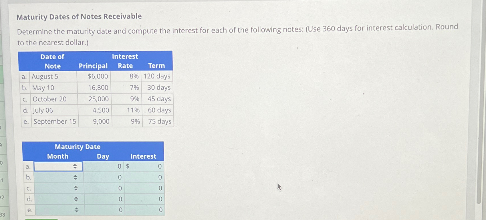 Solved Maturity Dates of Notes ReceivableDetermine the | Chegg.com