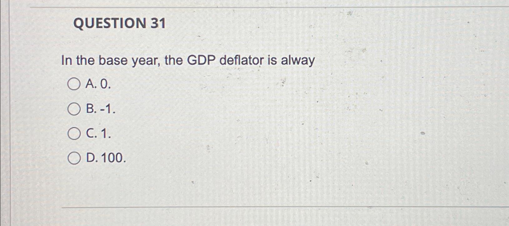 Solved QUESTION 31In the base year, the GDP deflator is | Chegg.com