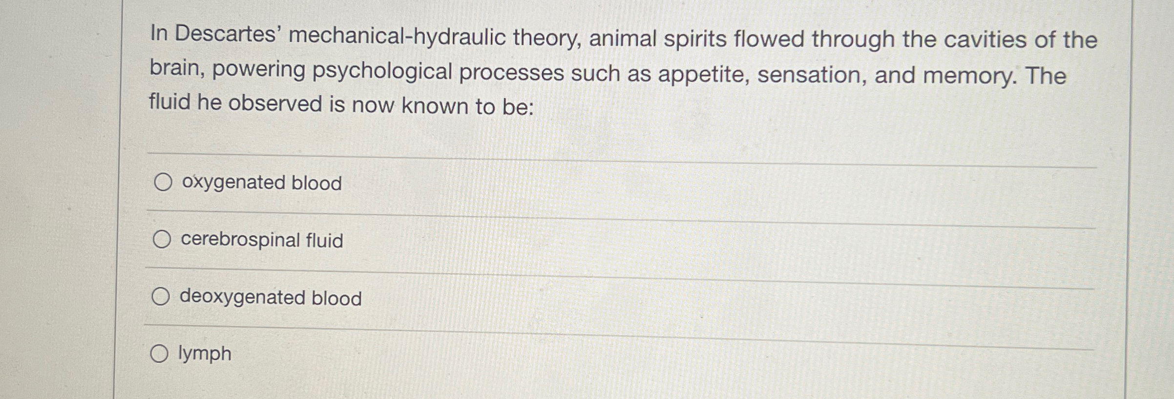Solved In Descartes' mechanical-hydraulic theory, animal | Chegg.com