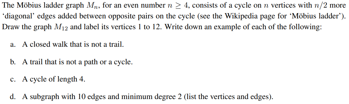 Solved The Möbius ladder graph Mn, ﻿for an even number n≥4, | Chegg.com