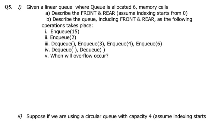 Solved Q5. i) Given a linear queue where Queue is allocated | Chegg.com