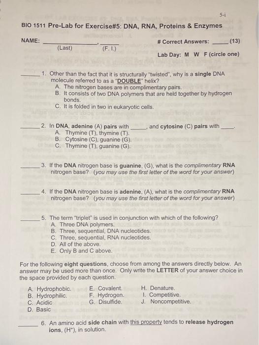 Solved S-1 BIO 1511 Pre-Lab for Exercise #5: DNA, RNA, | Chegg.com