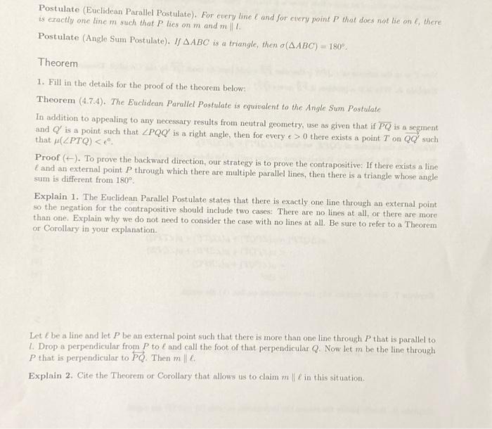 Postulate (Euclidean Parallel Postulate). For every | Chegg.com