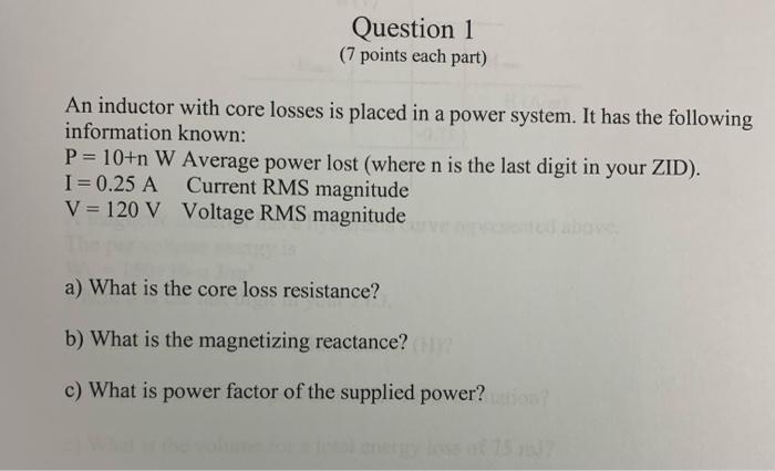 Solved An inductor with core losses is placed in a power | Chegg.com
