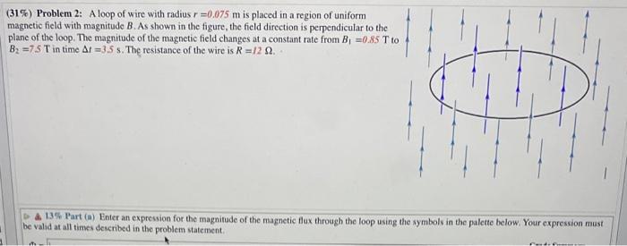 Solved (31\%) Problem 2: A loop of wire with radius r=0.075 | Chegg.com