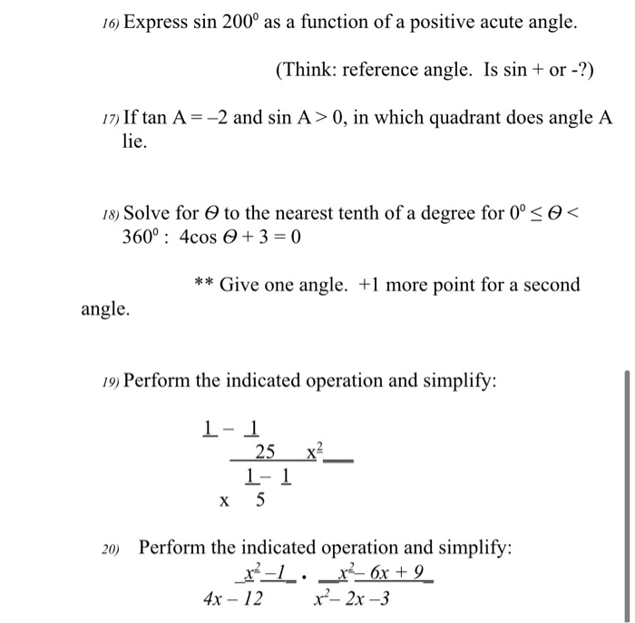 Solved 16) Express sin 200° as a function of a positive | Chegg.com