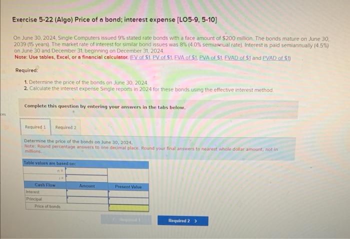 Solved Exercise 5-22 (Algo) Price of a bond; interest | Chegg.com