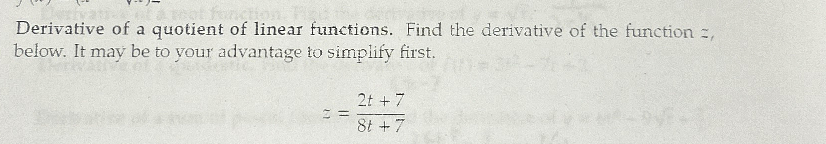 Derivative of a quotient of linear functions. Find | Chegg.com