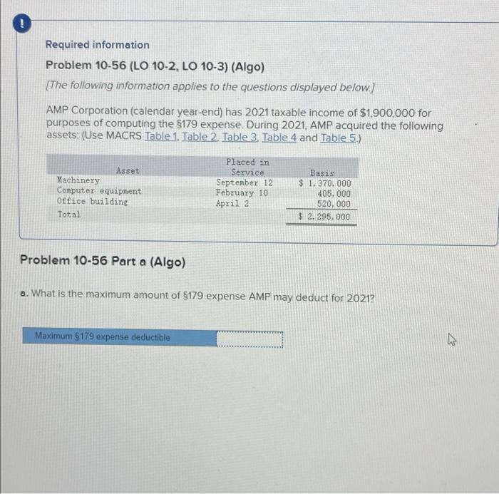 Solved Required information Problem 10-56 (LO 10-2, LO 10-3) | Chegg.com