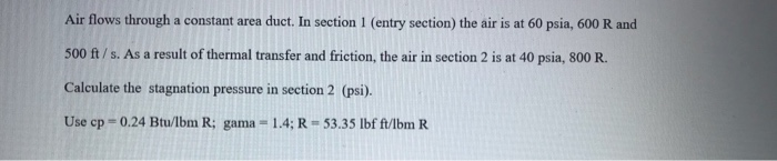 Solved Air flows through a constant area duct. In section 1 | Chegg.com