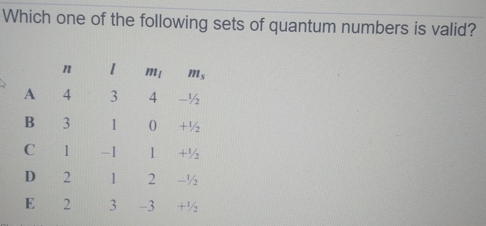 Solved clearly state which set of quantum numbers is valid | Chegg.com