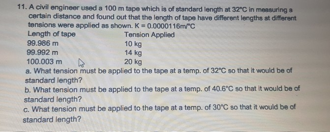 Solved 9. A civil engineer used a 30 m. tape in measuring an | Chegg.com