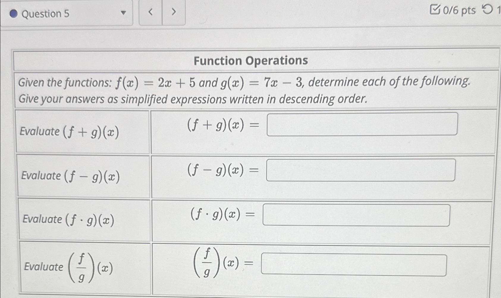 Solved Question 506 ﻿ptsFunction OperationsGiven the | Chegg.com